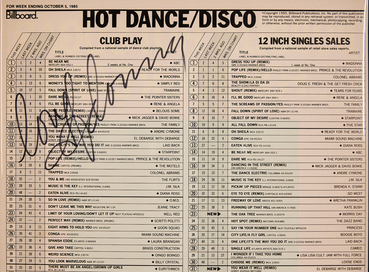 Madonna with autographed 1985 Billboard Magazine Page with Top 100 lis ...